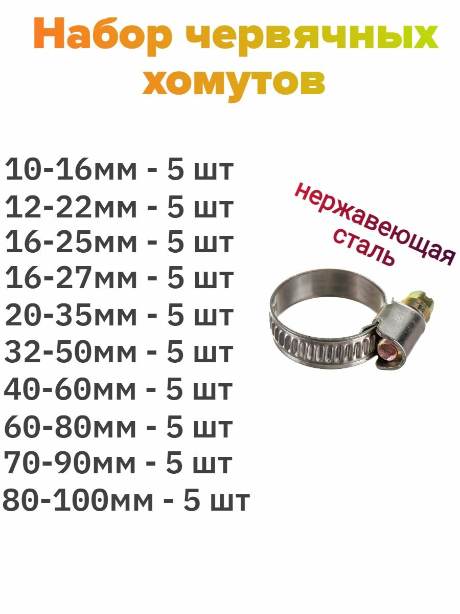 Набор червячных хомутов ДонСтрой Крепеж, нержавеющая сталь, от 10 до 100мм, по 5шт