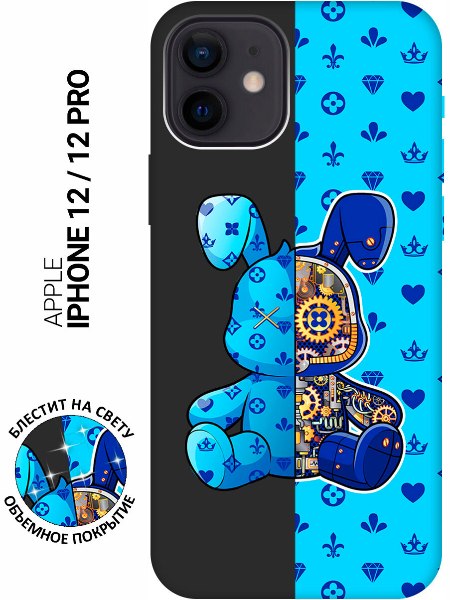 Силиконовый чехол на Apple iPhone 12 / 12 Pro с принтом "Голубой Кролик с механизмом" матовый черный