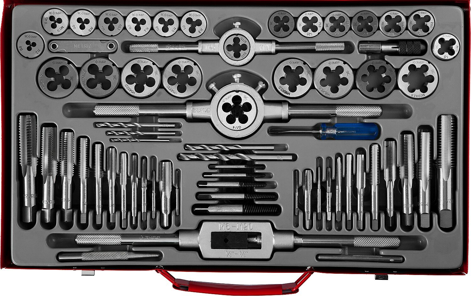 ЗУБР 65 предм, сталь 9ХС, набор метчиков и плашек (28118-H65)