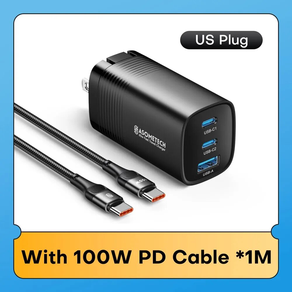Зарядное Устройство ASOMETECH GaN USB Type C 65W 45W PPS PD QC4.0 С Быстрой US With 100W Cable