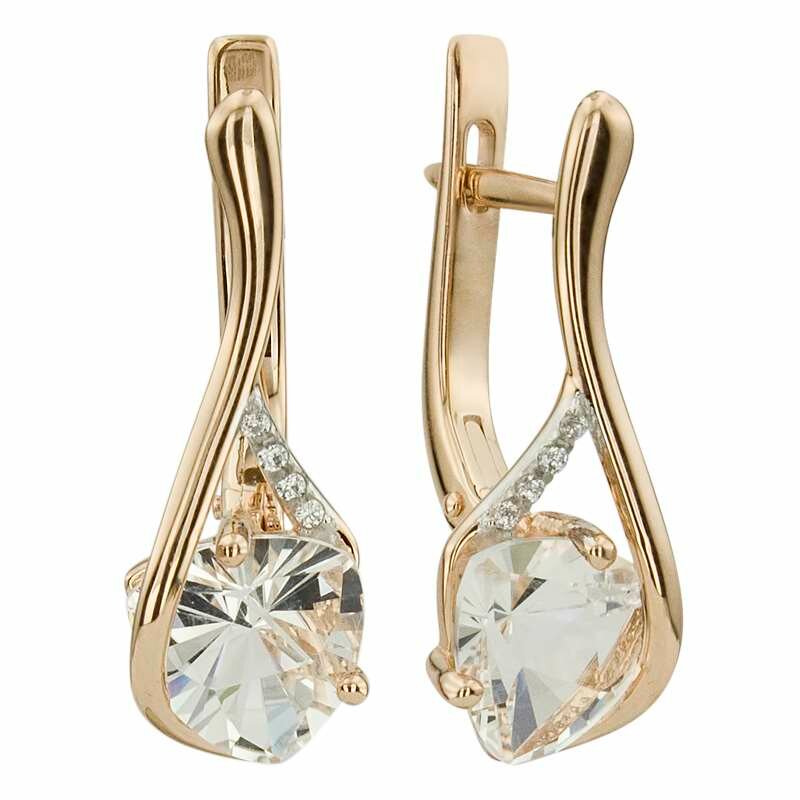 Серьги, красное золото, 585 проба, горный хрусталь