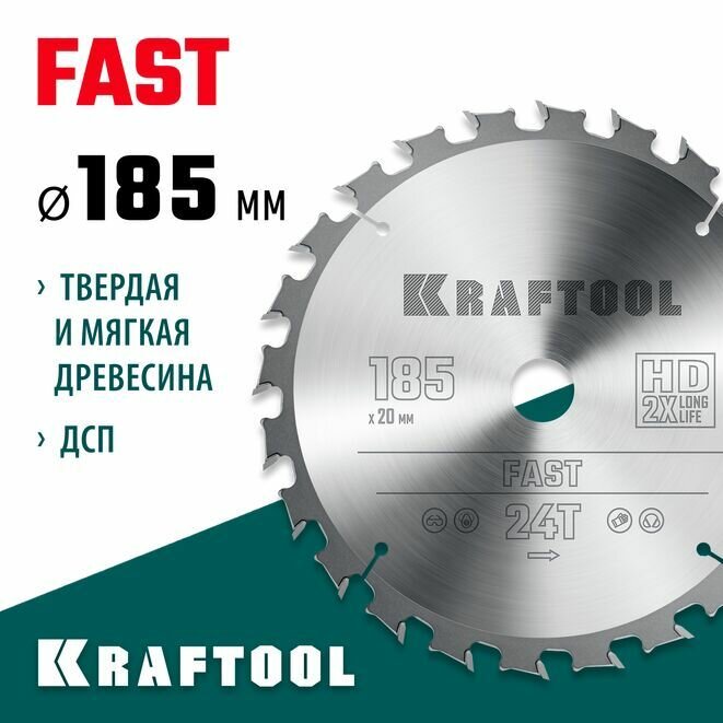 Диск пильный по дереву, KRAFTOOL Fast 185 х 20 мм 24Т