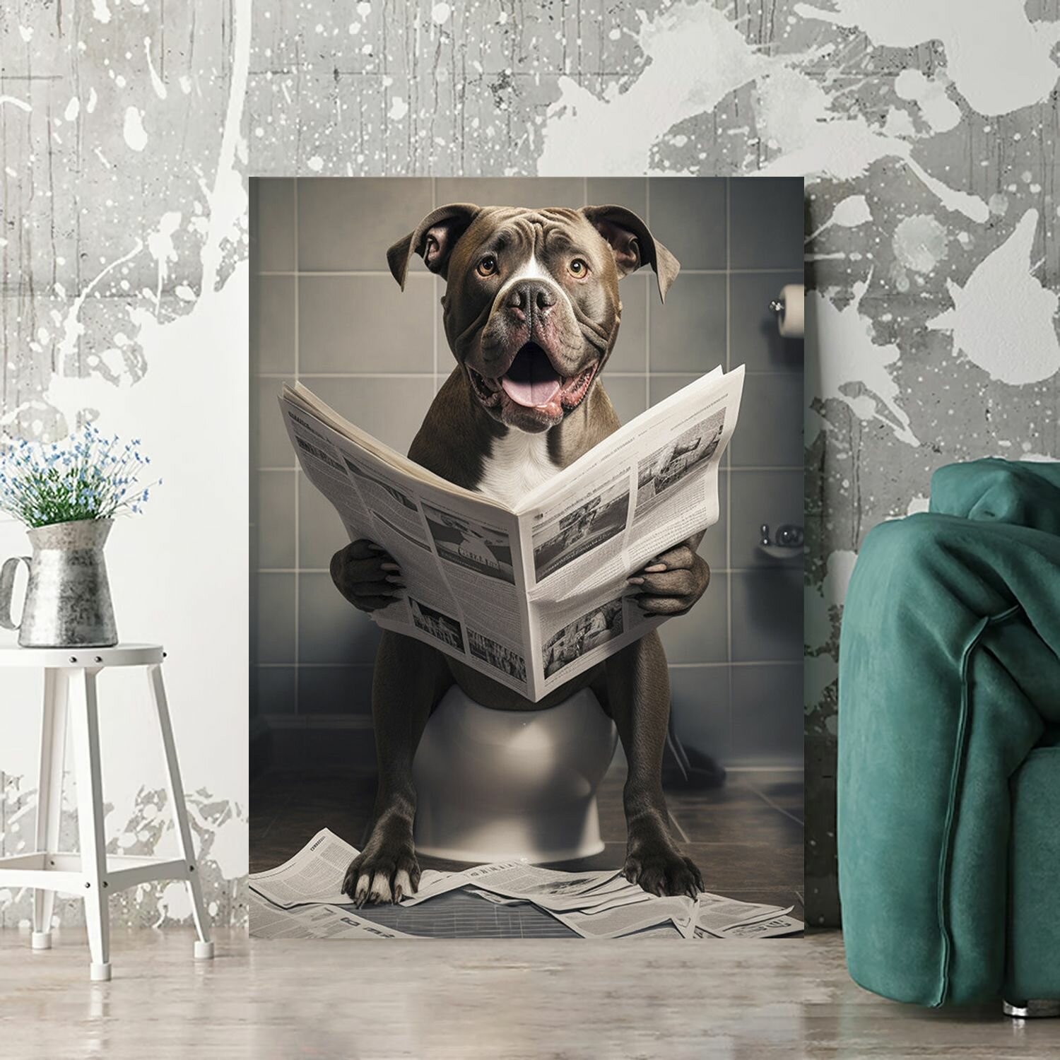 Картина в туалет, ванную комнату стаффордширский терьер читает газету, 50х70 см.