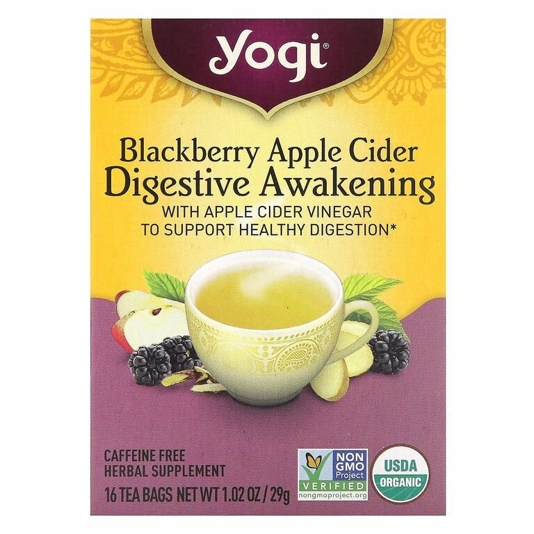 Yogi Tea, Digestive Awakening, Чай для пищеварения с ежевикой и яблочным сидром, 16 чайных пакетиков, 29 г