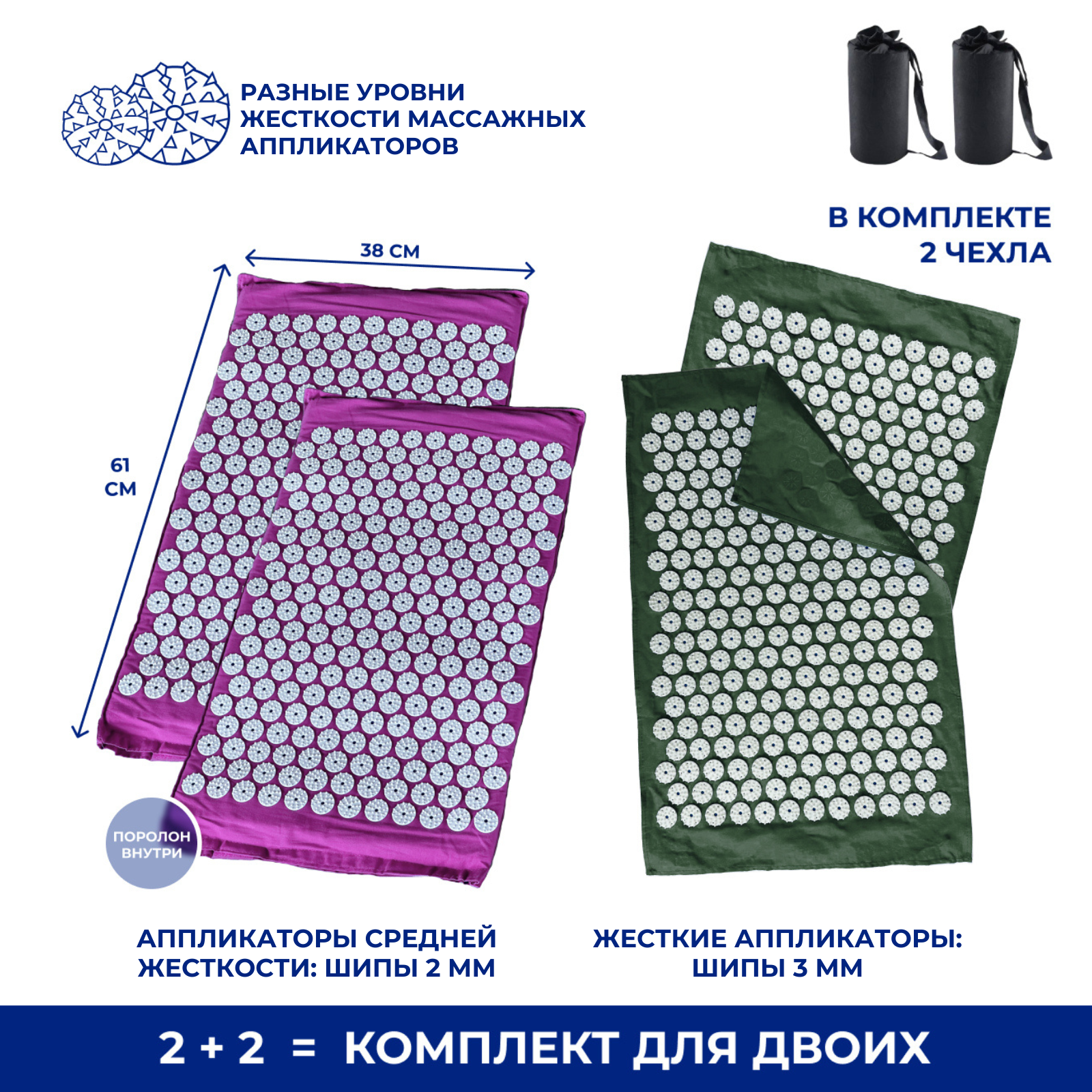 Комплект: 2 коврика фиолетовых +поролон+ 2 чехла+2 коврика однослойных оливковых