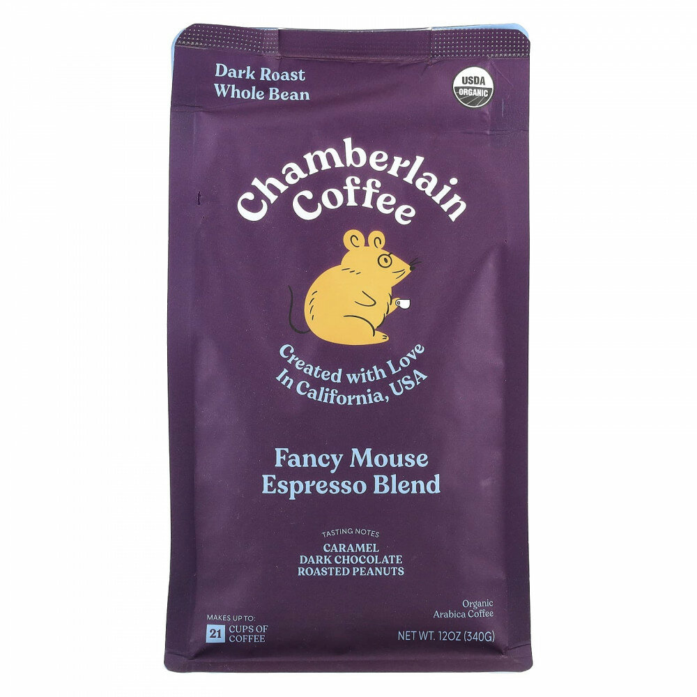 Chamberlain Coffee, Fancy Mouse Espresso Blend, цельные бобы, темная обжарка, 340 г (12 унций)