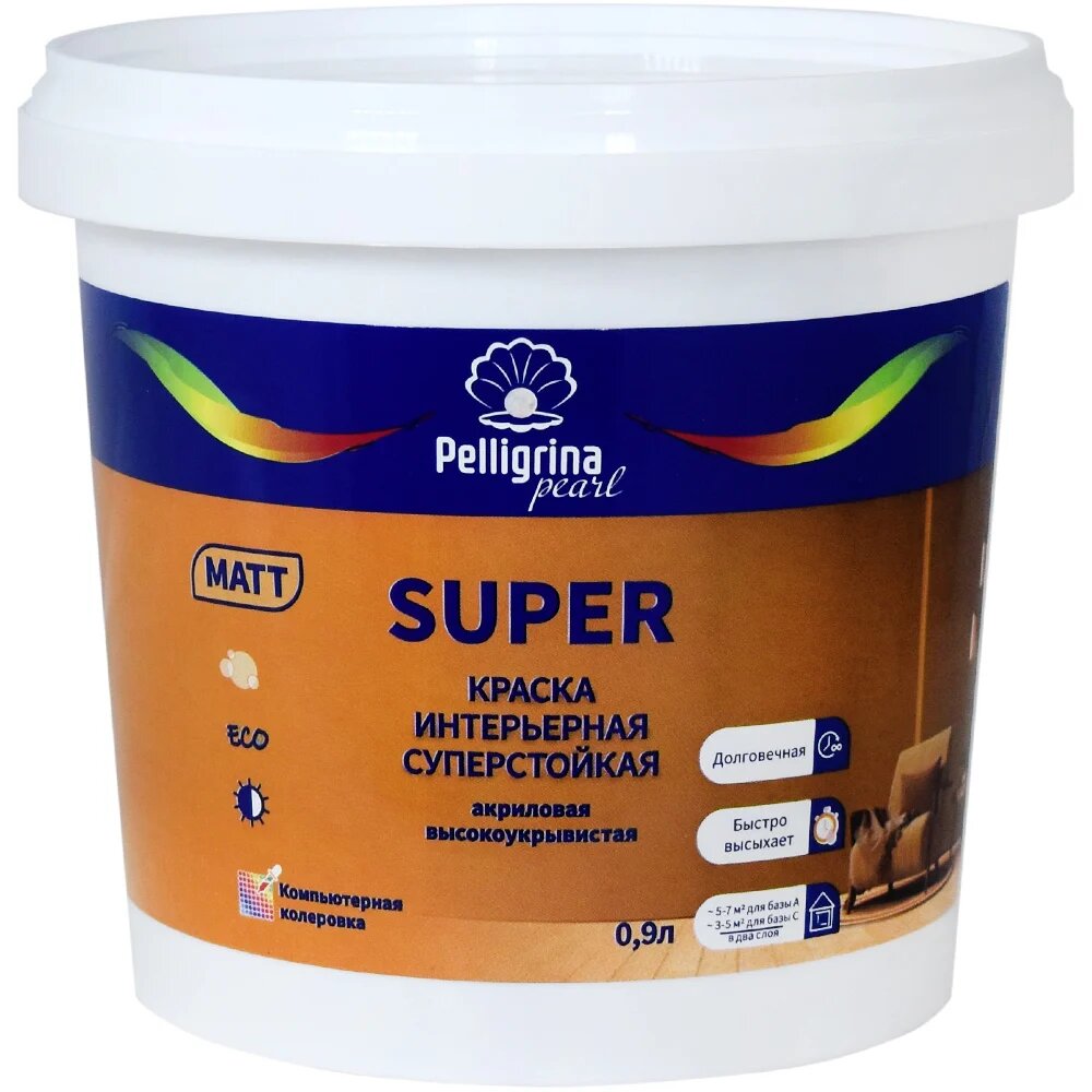 PELLIGRINA PAINT Краска интерьерная super, акриловая, матовая, база с, бесцветная, 0,9 л 256887