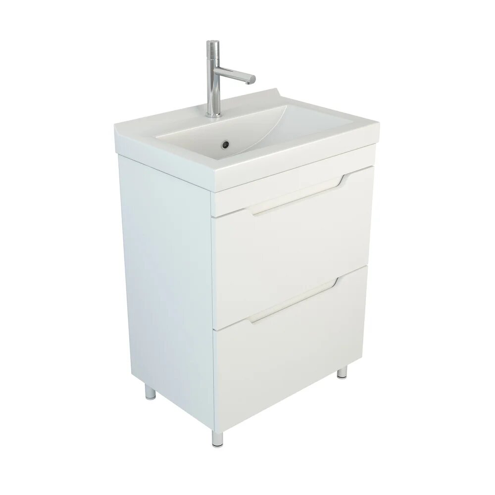 Тумба под раковину без столешницы Emmy Агата 55 напольная, белая, глянцевая, из МДФ, тумба для ванной, с ящиками, с доводчиками
