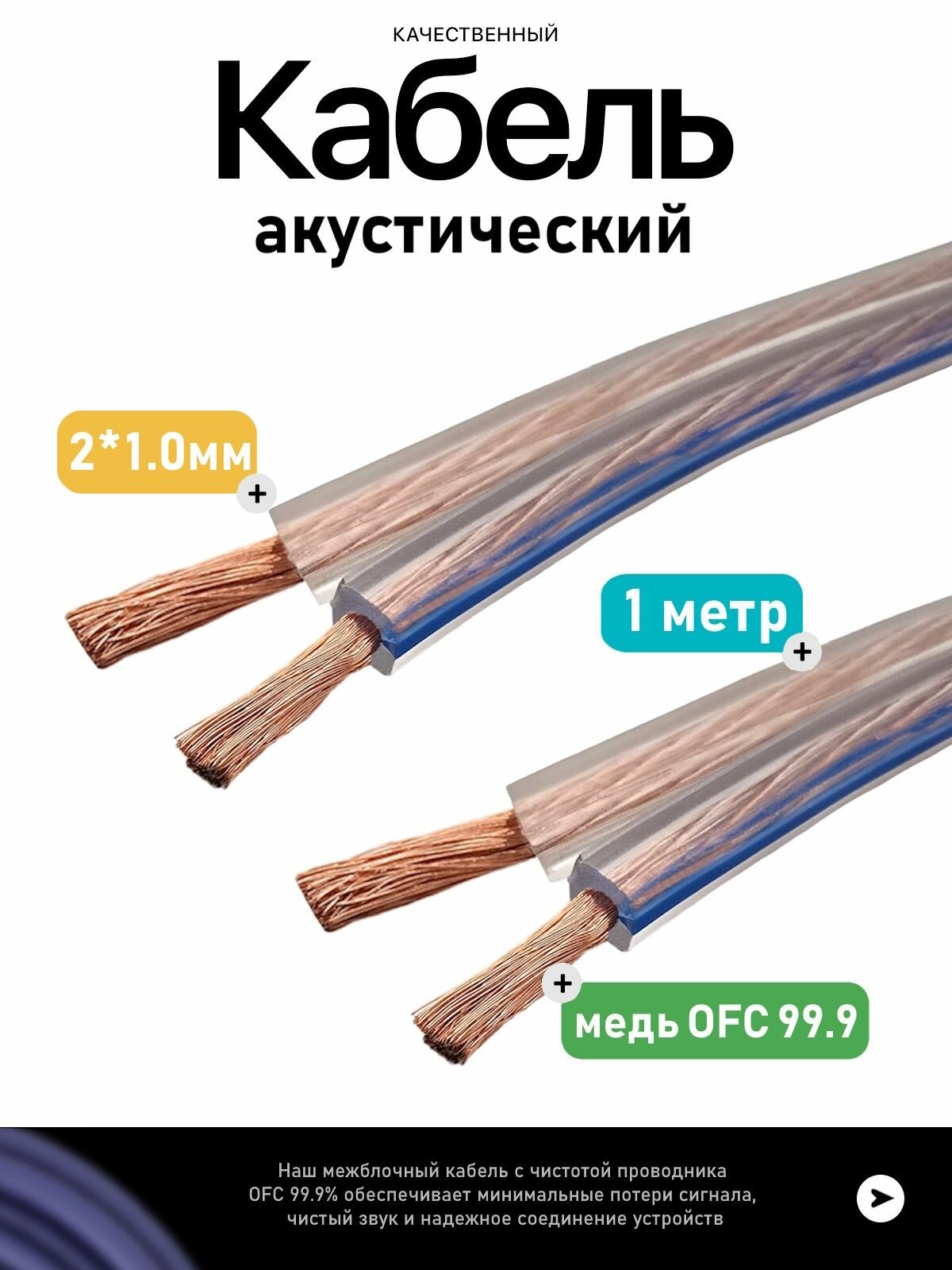 Кабель акустический 2х1,0 мм , 1 метр, бескислородная OFC медь, прозрачная изоляция