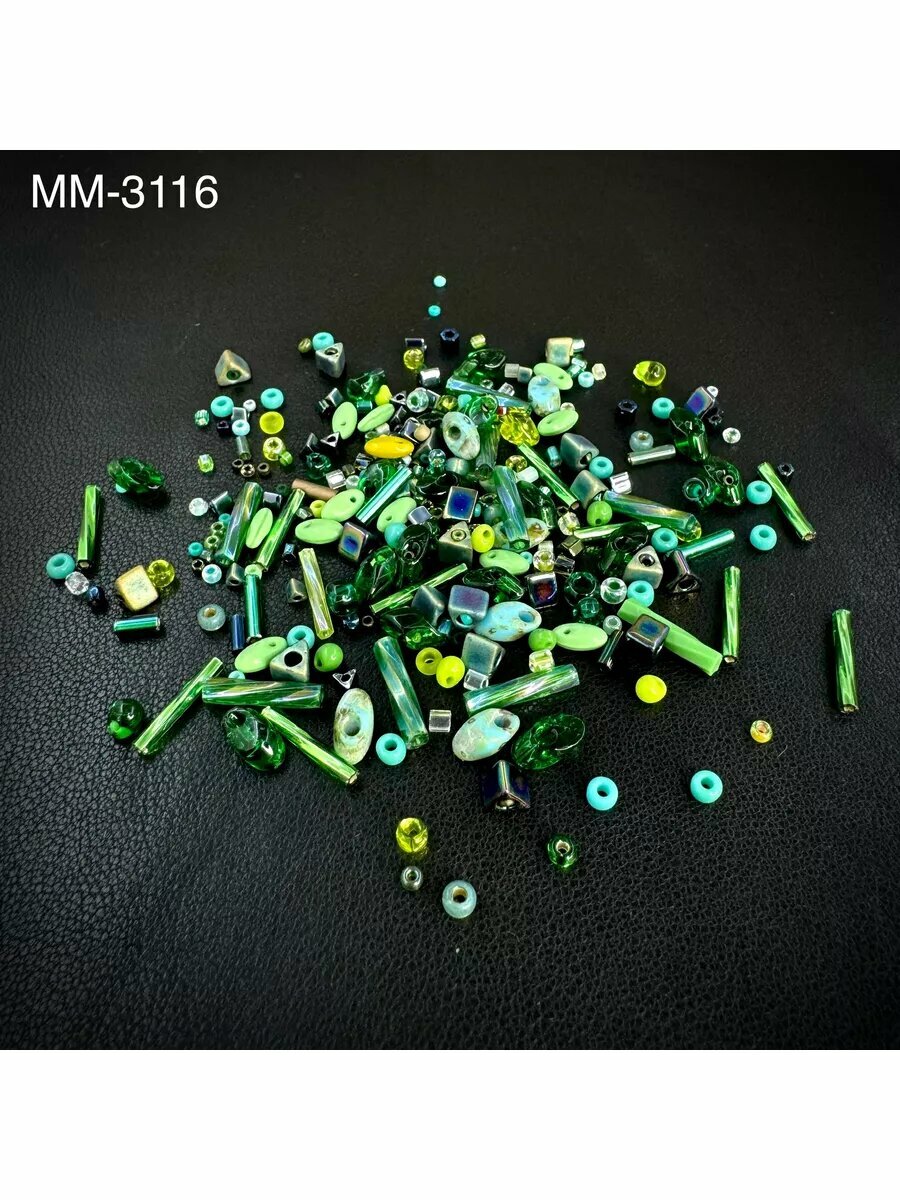 Микс MIYUKI (Япония) из бисера разного размера, стекляруса, треугольников, drops, cubes, bugles,10 гр/уп, Зелено-салатный
