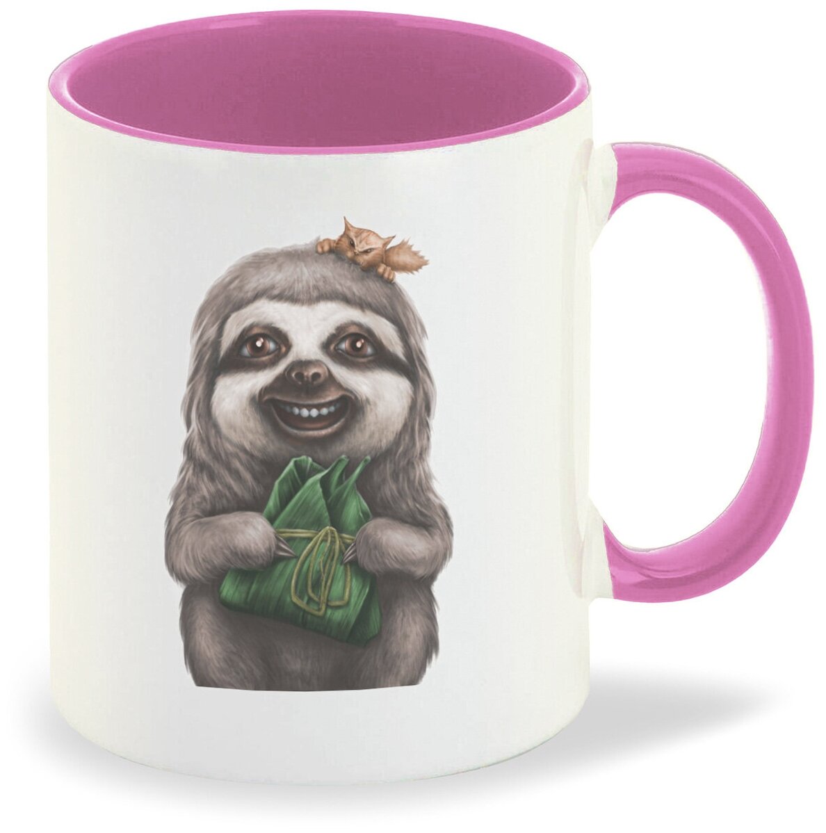 Кружка розовая CoolPodarok Ленивец с зеленой сумкой