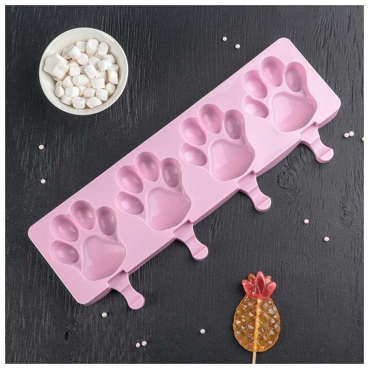 Форма силиконовая для мороженого «Лапки», 26×14 см, 4 ячейки (8,5×8,5 см), цвет микс