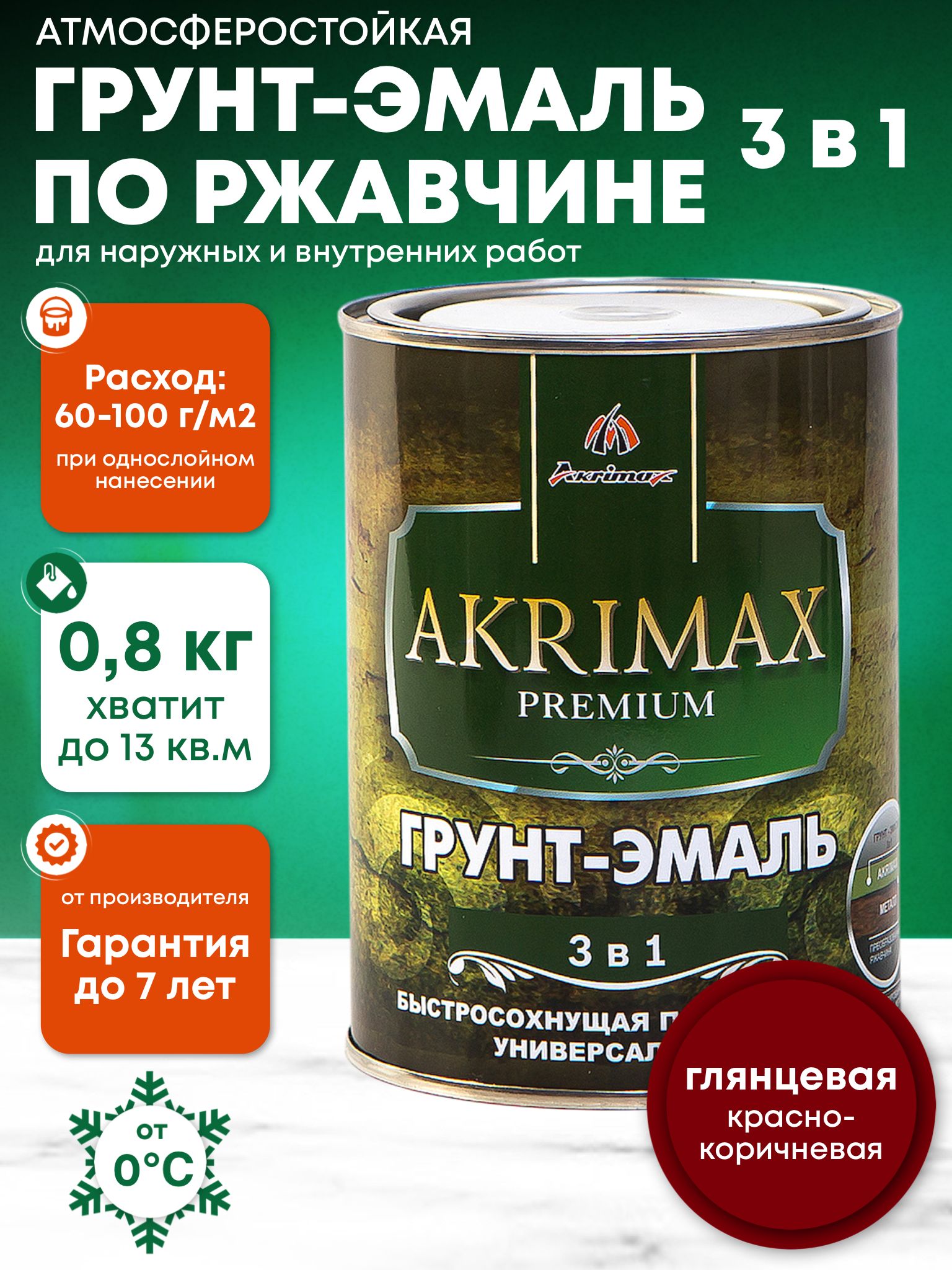 Грунт-эмаль по ржавчине 3 в 1, Краска по металлу, быстросохнущая 0,8 кг AKRIMAX-PREMIUM, глянцевое покрытие, красно-коричневый