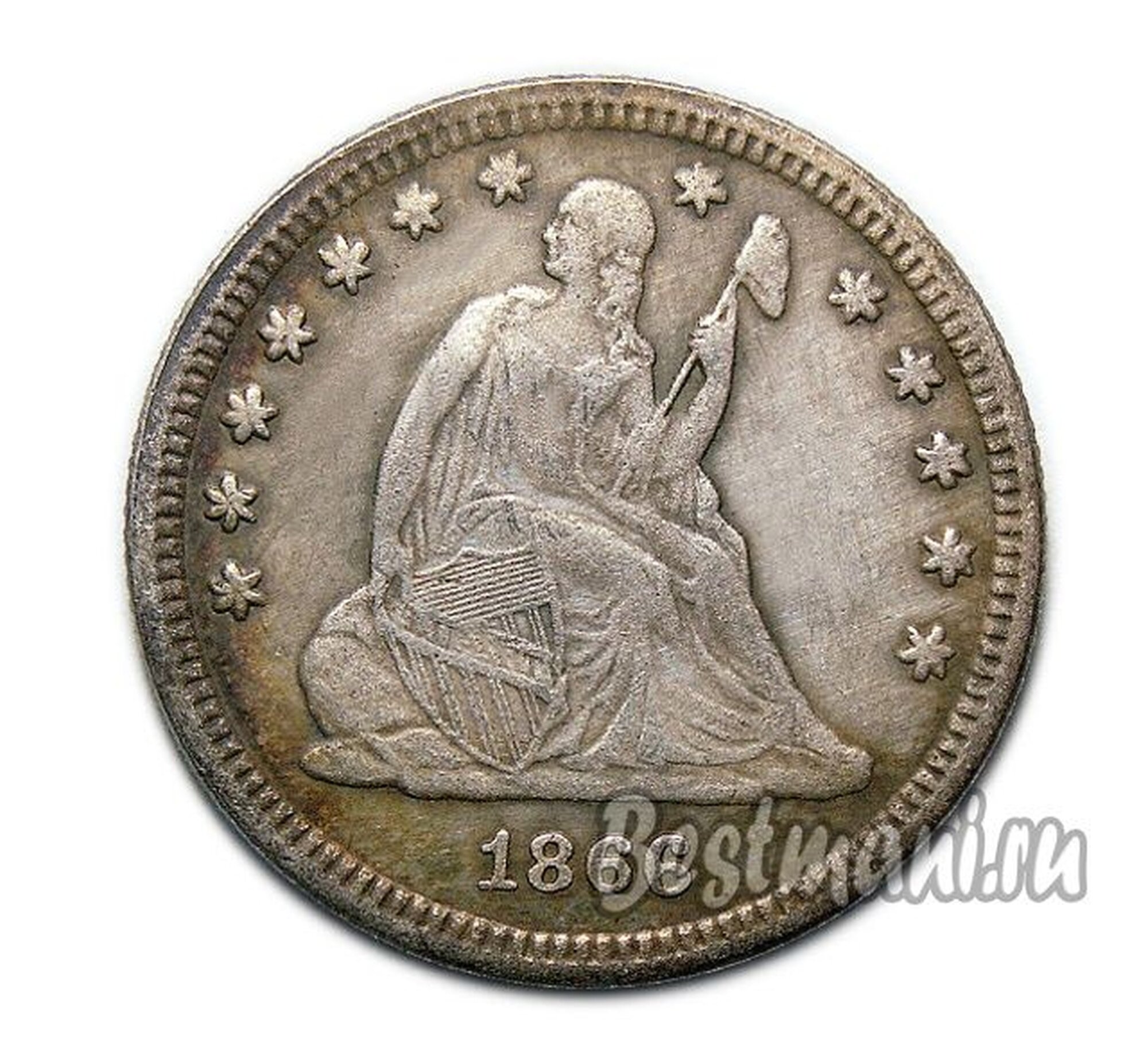 Монета бестмани "25 центов 1866 года", посеребренный металл, Uncirculated, 23x23x1 мм