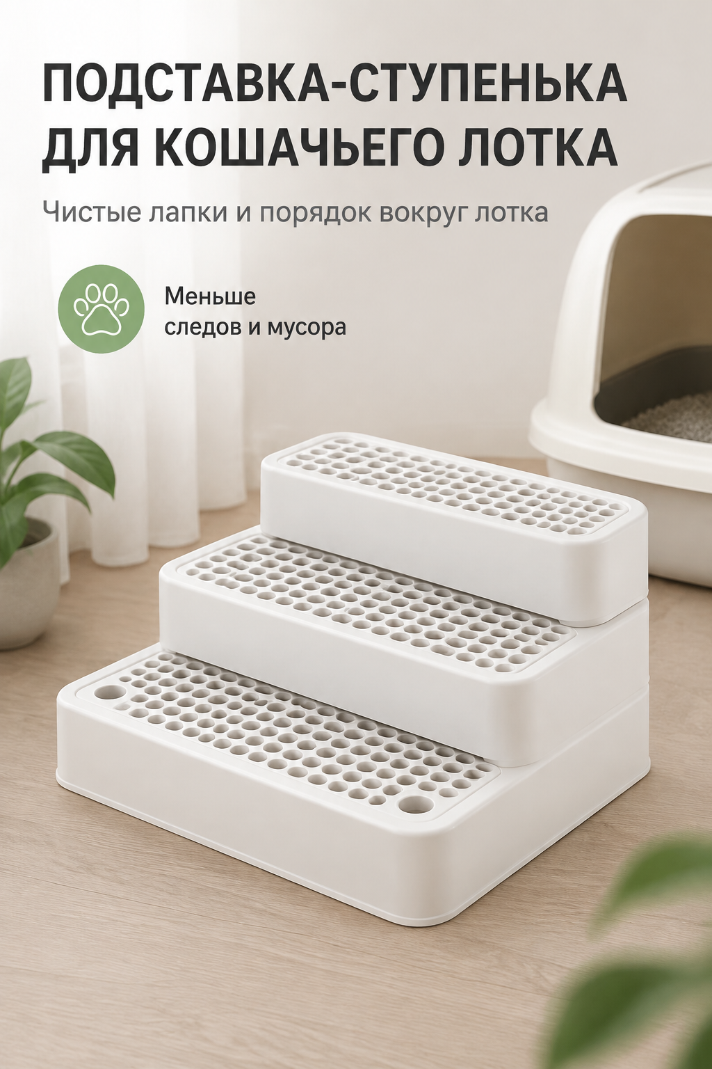 Трёхуровневая подставка-ступенька для кошачьего лотка, белая