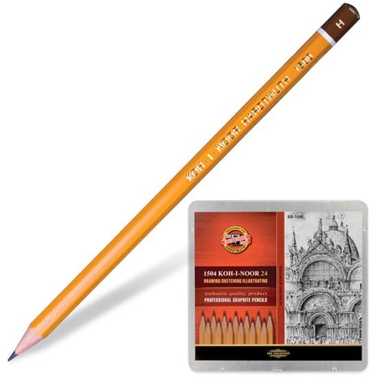 Карандаши чернографитные Koh-i-noor 1500, набор 24 шт, 8В-10H, без резинки, металлическая коробка
