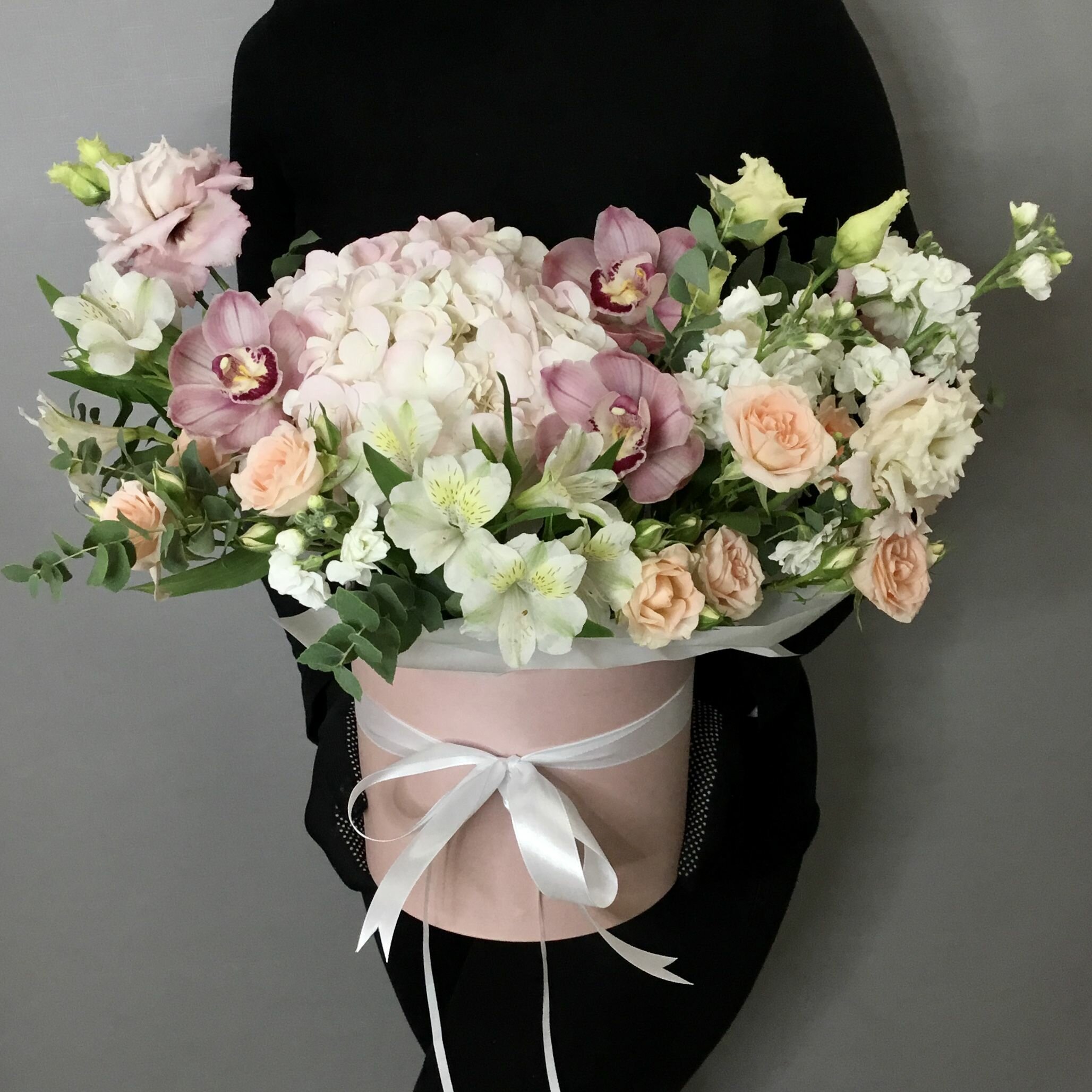 Композиция с орхидеями, гортензией, эустомой, кустовой розой "Все о любви"