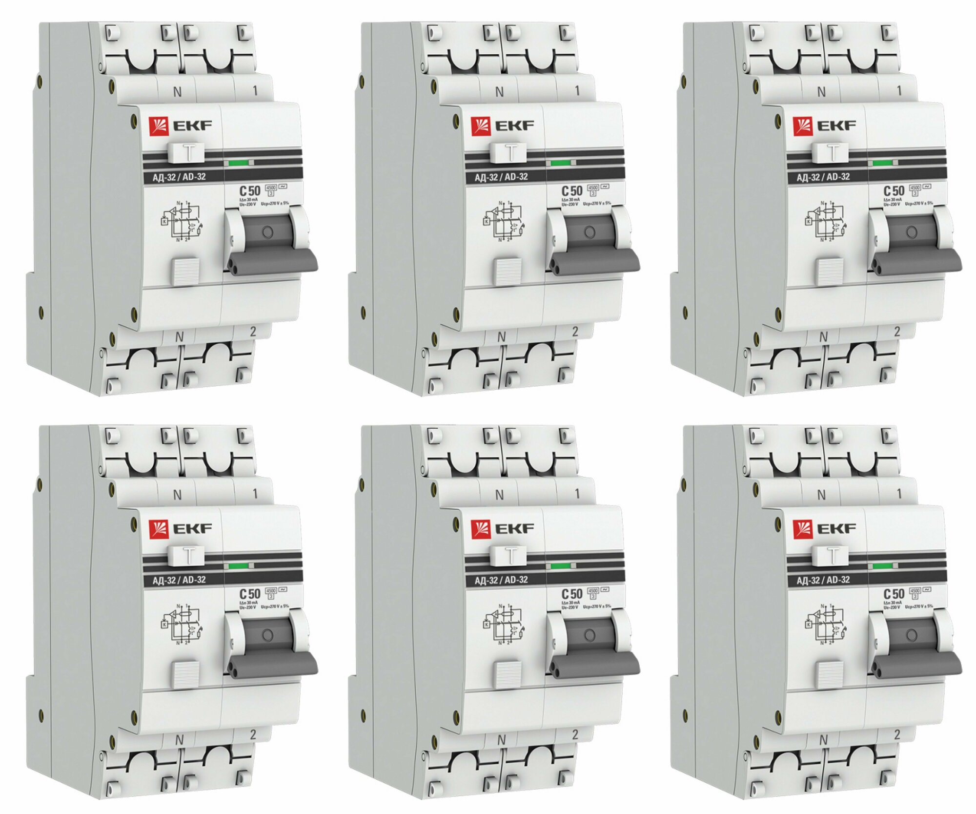 Дифференциальный автомат АД-32 1P+N 50А/30мА (хар. C, AC, электронный, защита 270В) 4,5кА EKF PROxima 6 штук