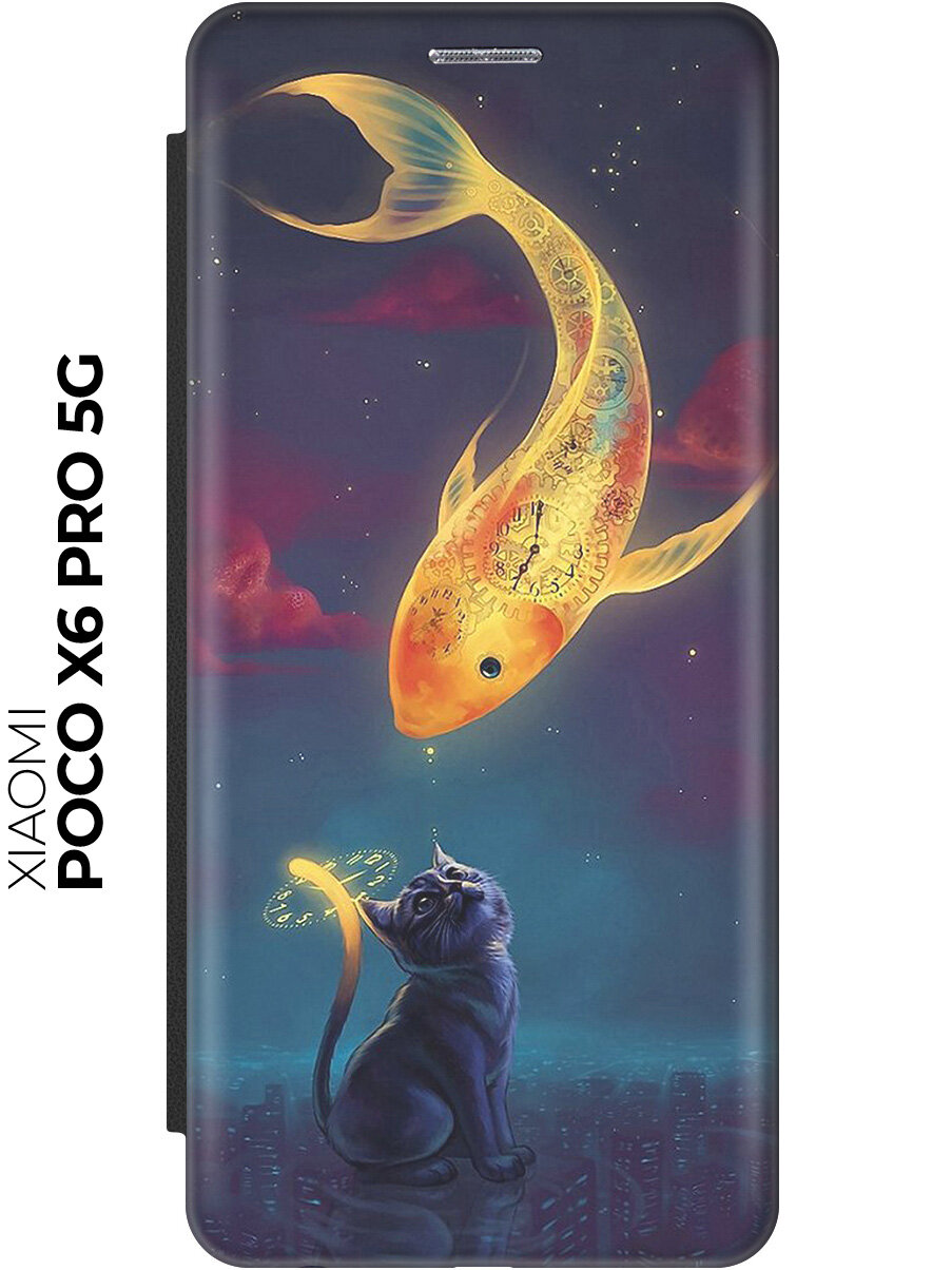Чехол-книжка на Xiaomi Poco X6 Pro 5G / Сяоми Поко Х6 Про 5г с рисунком "Кот и рыбка" черный