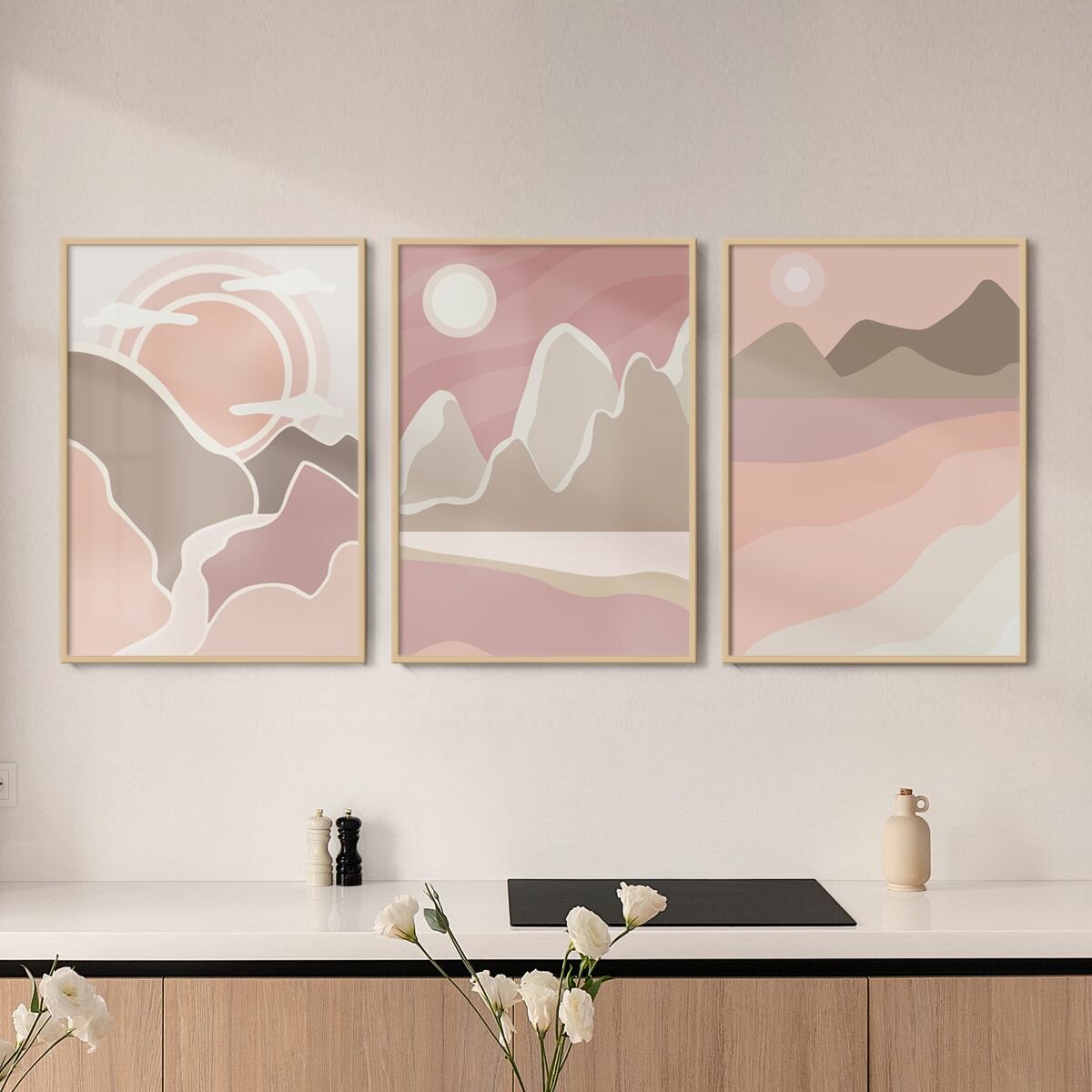 Постер 3 шт 40х50 без рамки "Розовое небо на закате" набор картин для интерьера