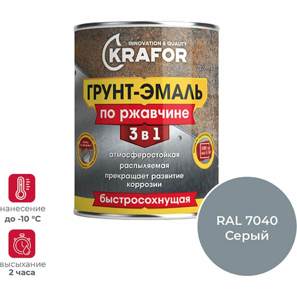 Грунт-эмаль по ржавчине 3 в 1 KRAFOR быстросохнущая, полуглянцевая, 2.7 кг, ral 7040, серая 250221, 2,7 кг, серый