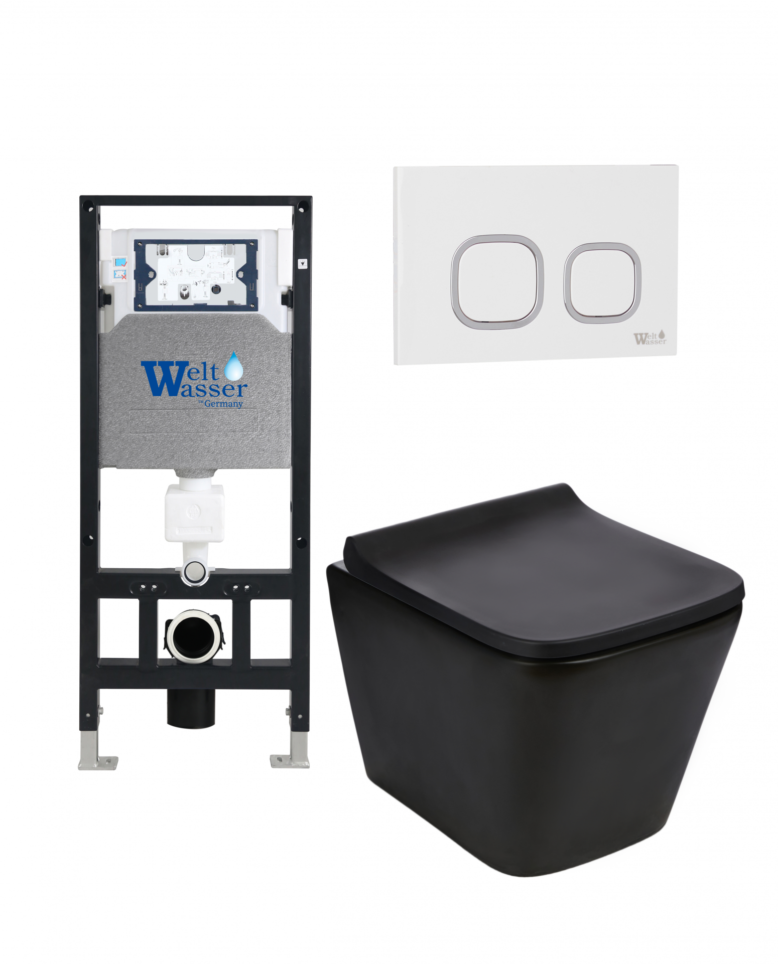 Комплект 3 в 1 инсталляция WeltWasser WW Amberg 506 + Подвесной унитаз WeltWasser Gelbach 043 MT-BL + Клавиша смыва WeltWasser WW Amberg RD-WT