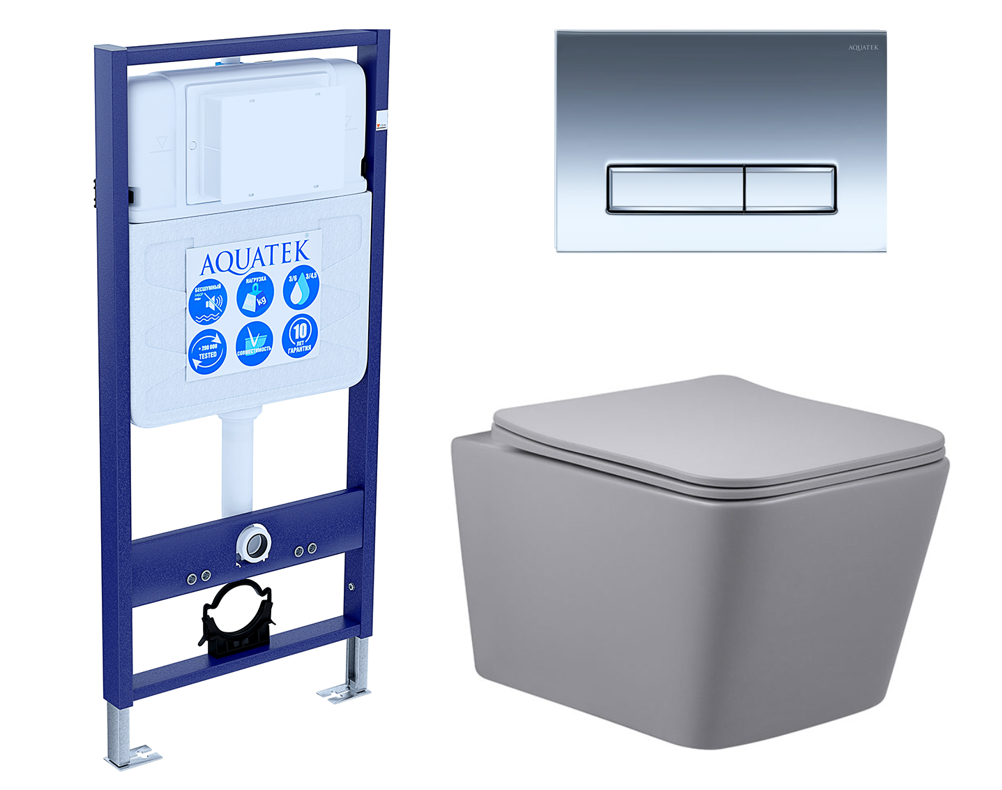 Комплект 3 в 1 инсталляция Акватек Standart 50 + Унитаз подвесной Vincea Q-Line VT1-12MG серый с кнопкой хром INS-0000012 + VT1-12MG + KDI-0000023