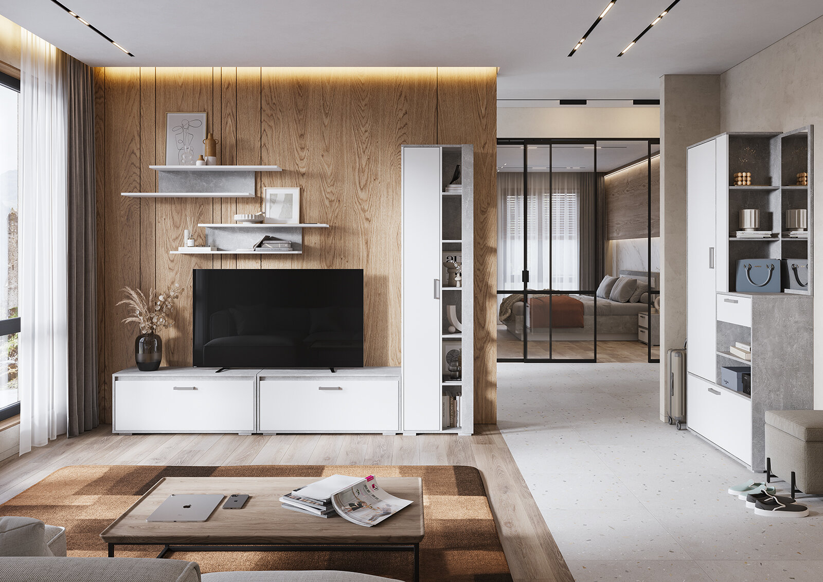 Тумба под телевизор 100х42,8х35,4 см, цвет ателье светлый/белый