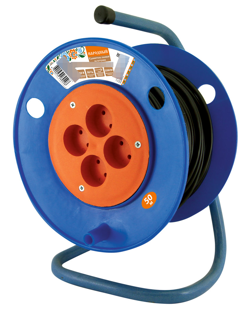 Удлинитель силовой на катушке TDM Electric / ТДМ Электрик УС1-42125 Народный с заземлением, провод ПВС черный 3х0.75, 4 розетки, 2.2кВт 50м, SQ1307-0514 / электрика