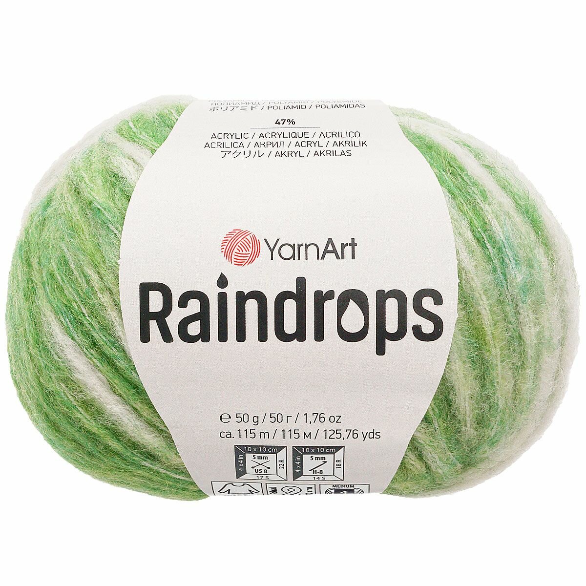 Пряжа для вязания YarnArt 'Raindrops' 50г, 115м (18% шерсть, 35% полиамид, 47% акрил) (2912 зеленый меланж), 10 мотков