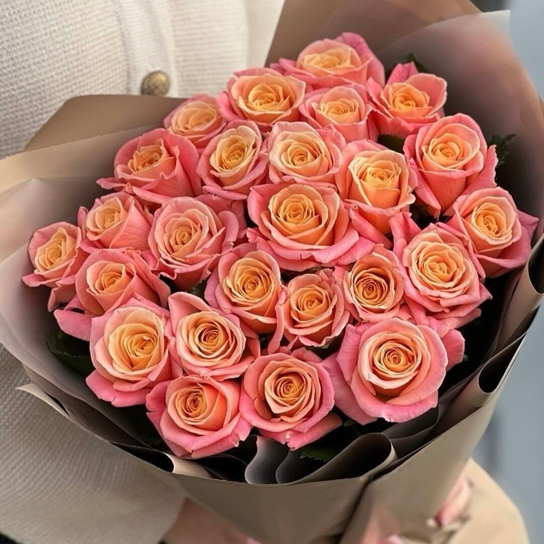 Букет из персиковых роз 25 шт, красивый букет цветов, шикарный, премиум цветы, премиум букет