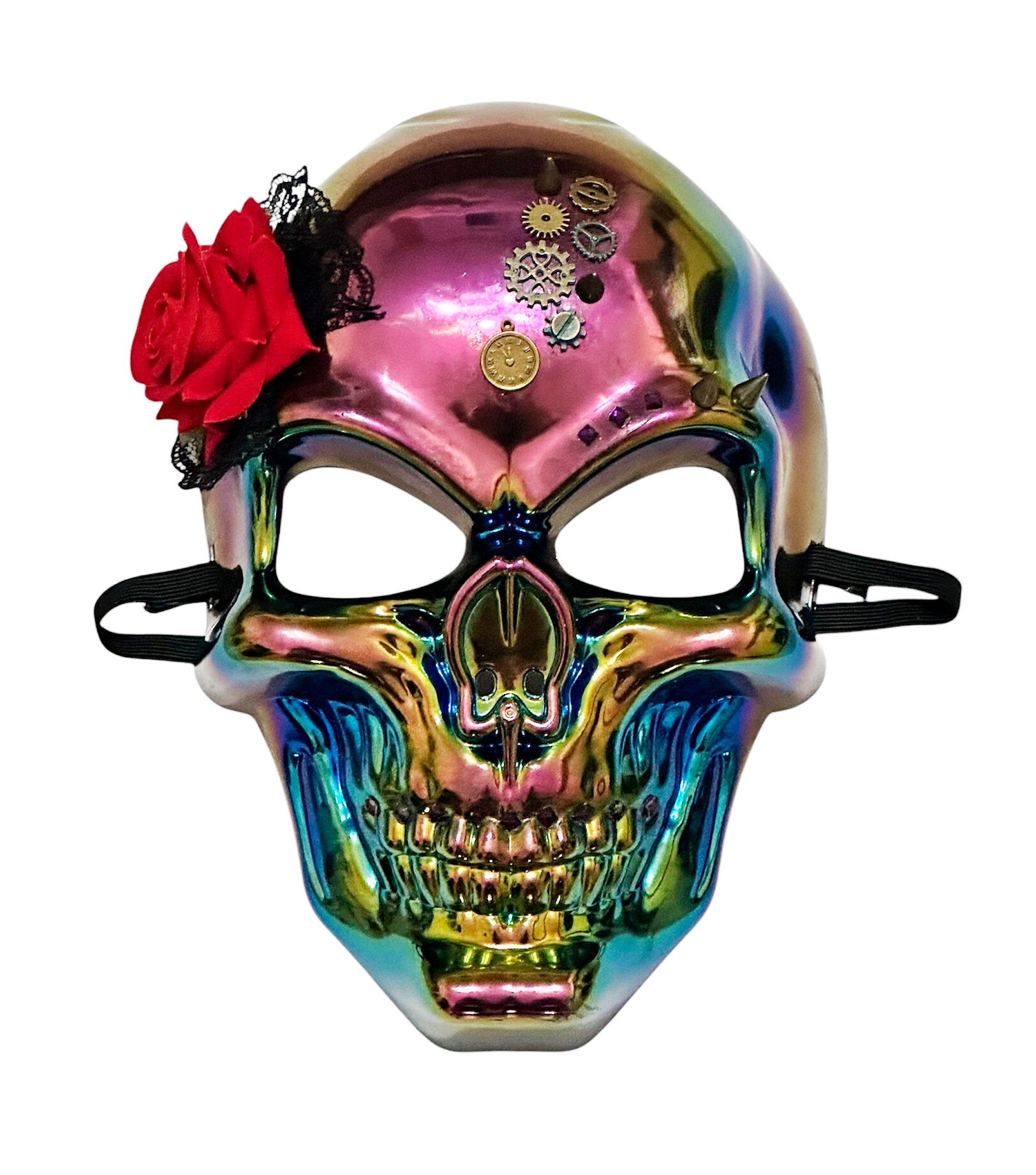 Маска Череп с розой карнавальная радужная / Маска на Хэллоуин Череп
