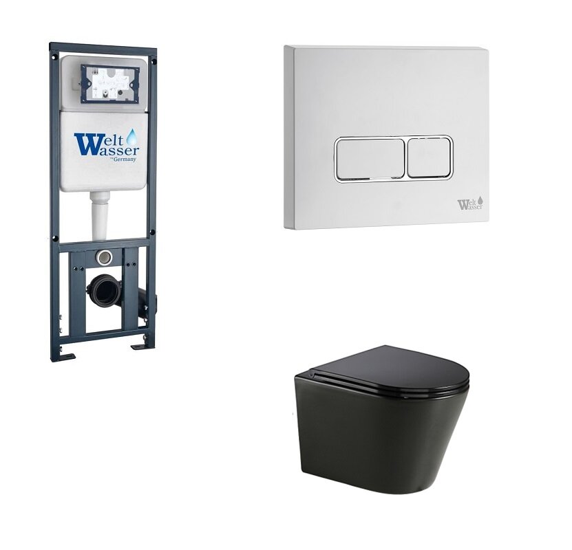Унитаз с инсталляцией WeltWasser MARBERG 410+SALZBACH 043 GL-BL+MAR 410 SE GL-WT черный/кнопка белая, безободковый, с крышкой микролифт, слив торнадо