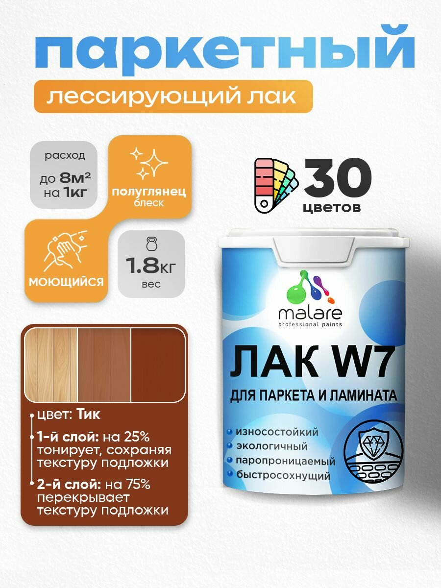 Лак колерованный тонирующий для паркета и ламината Malare W7 для дерева и минеральных поверхностей, износостойкий, водный без запаха, полуглянцевый, тик, 1.8 кг.