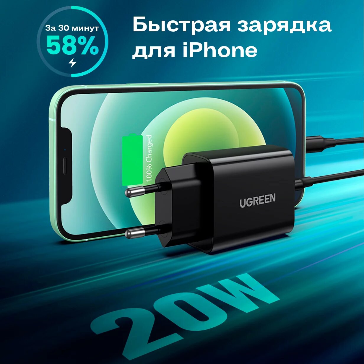 Зарядное устройство UGREEN Fast Charging Power Adapter CD137, PD 20 Вт, ЕС, черное