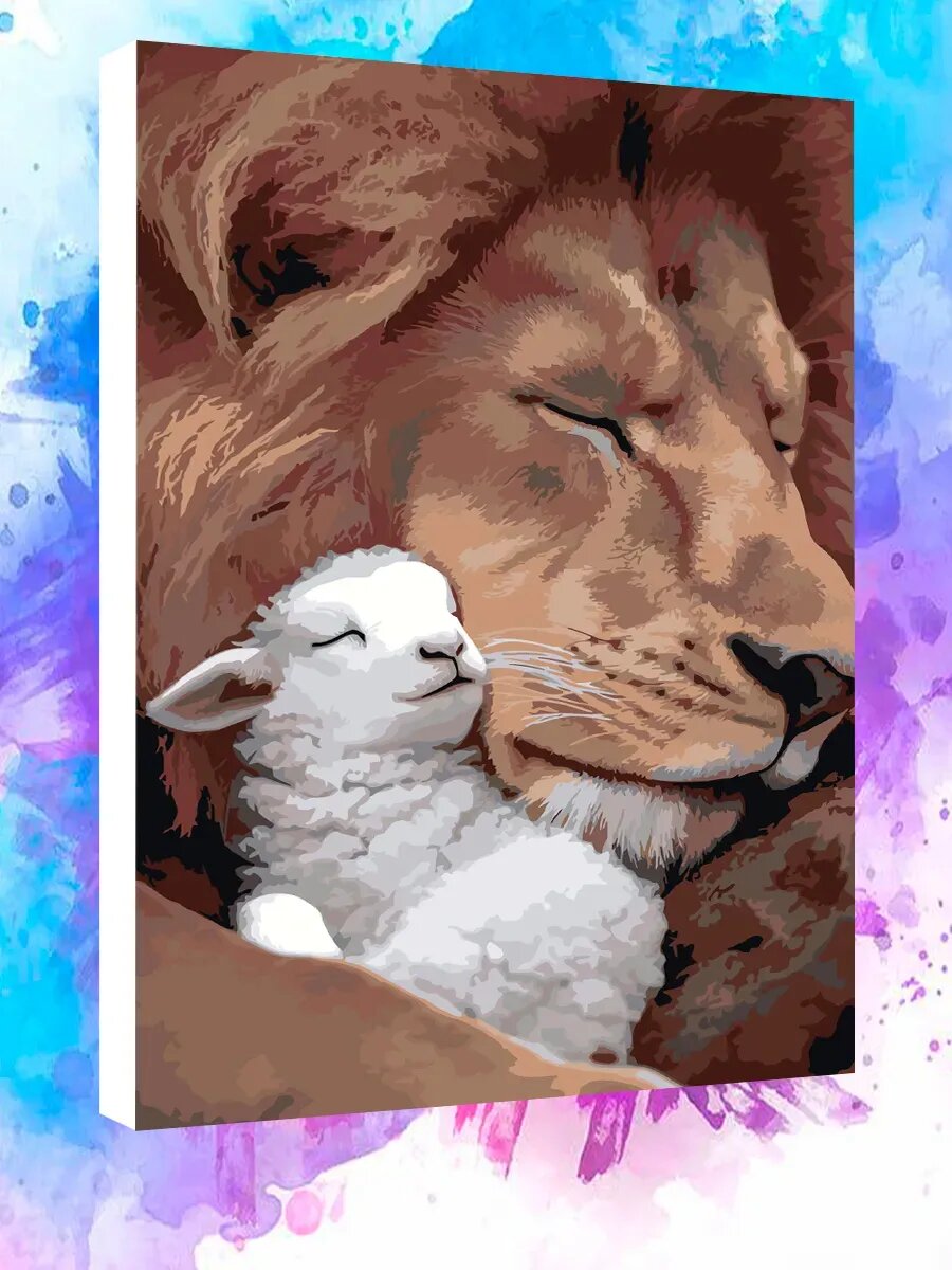 Картина по номерам Лев Овечка Животные Любовь
