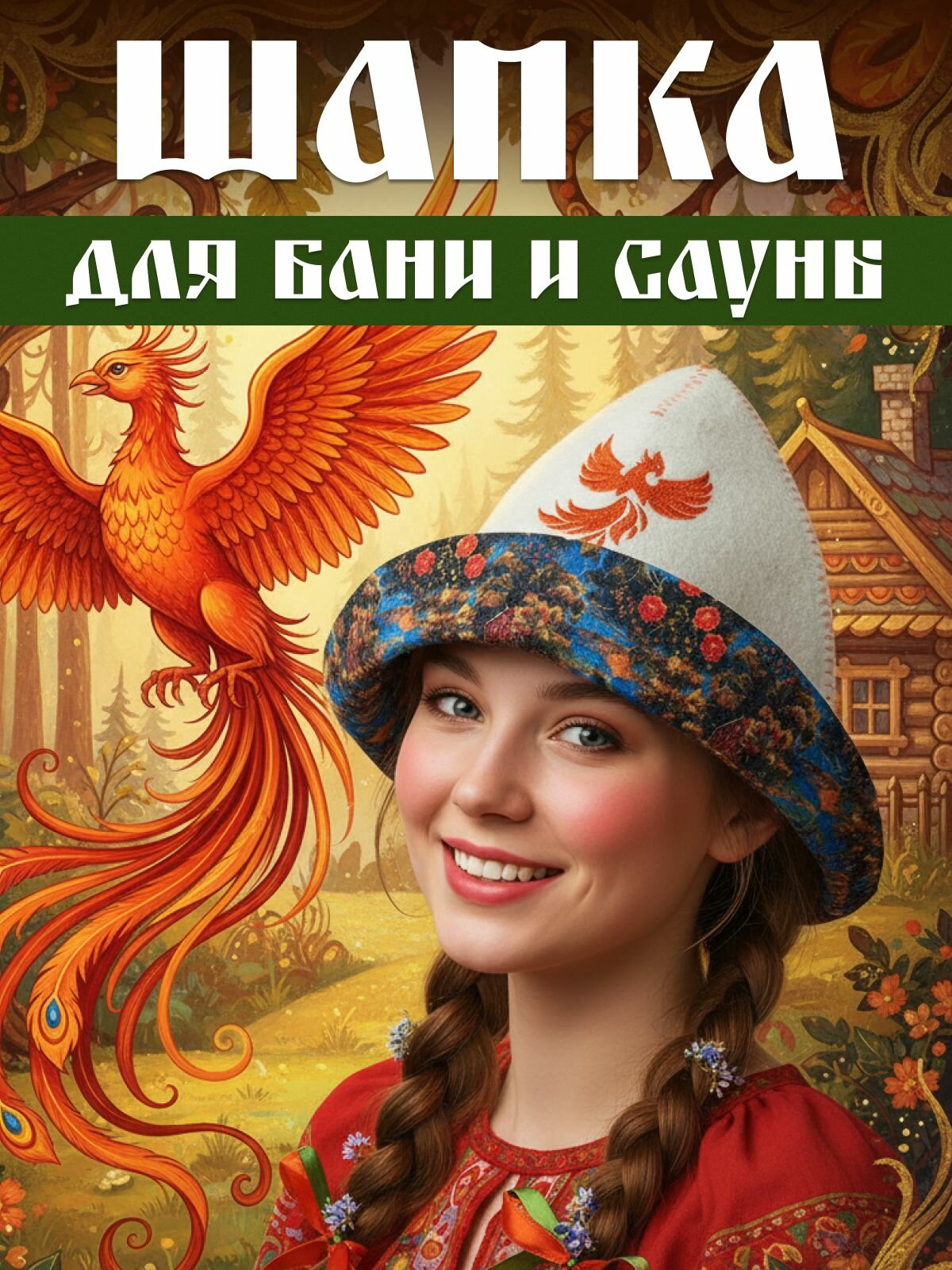 Шапка для бани женская Панама "Жар-птица" с вышивкой и принтом, войлок