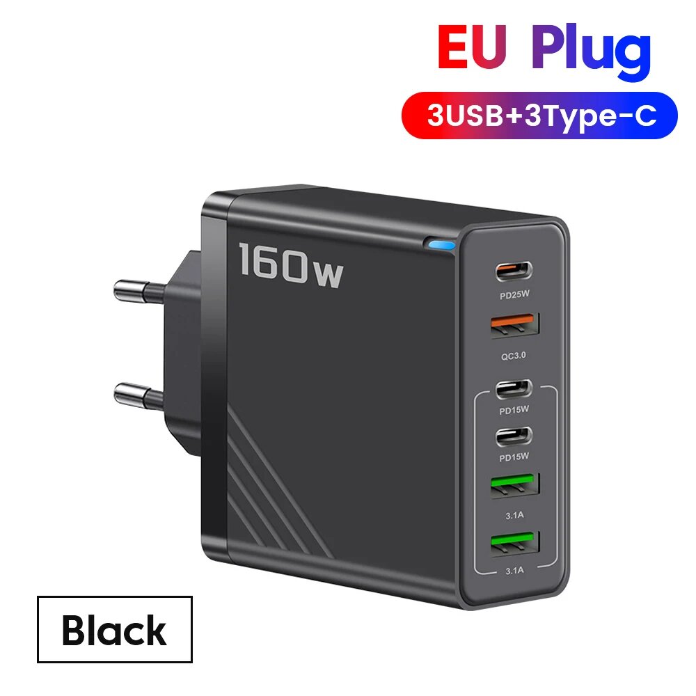 Зарядное устройство Elough 160W 3USB+3Type-C EU, Black