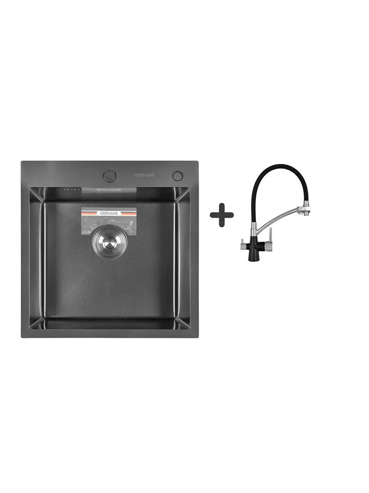 Комплект кухонная мойка из нержавеющей стали с PVD покрытием GERHANS K35050B со смесителем.
