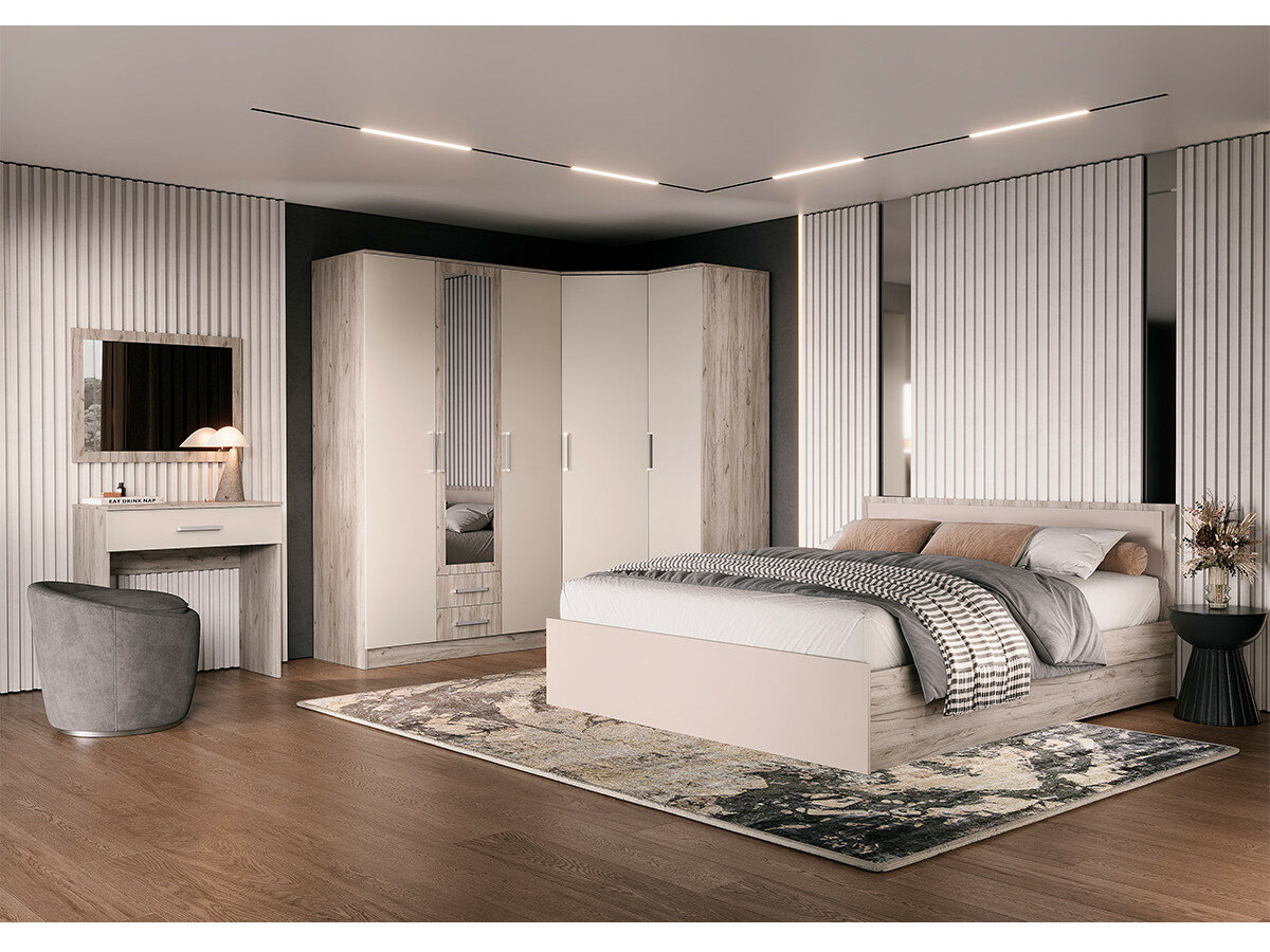 Модульная спальня №2, лаконичный дизайн, Дуб крафт серый/Кашемир