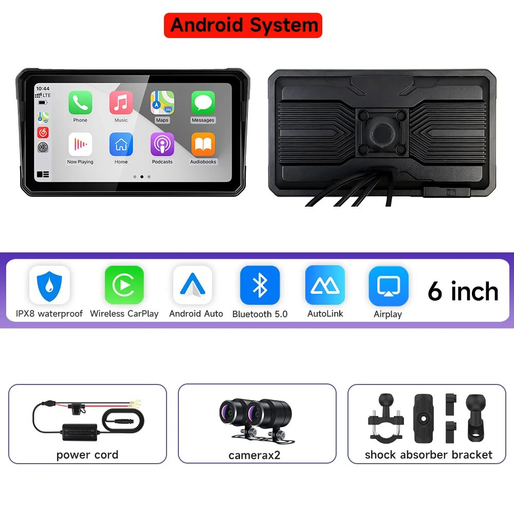 6-дюймовый Carplay Мотоцикл Android Система DVR Навигация GPS Беспроводной CarPlay Android Auto IPX8 Портативный экран Airplay MA292-DVR