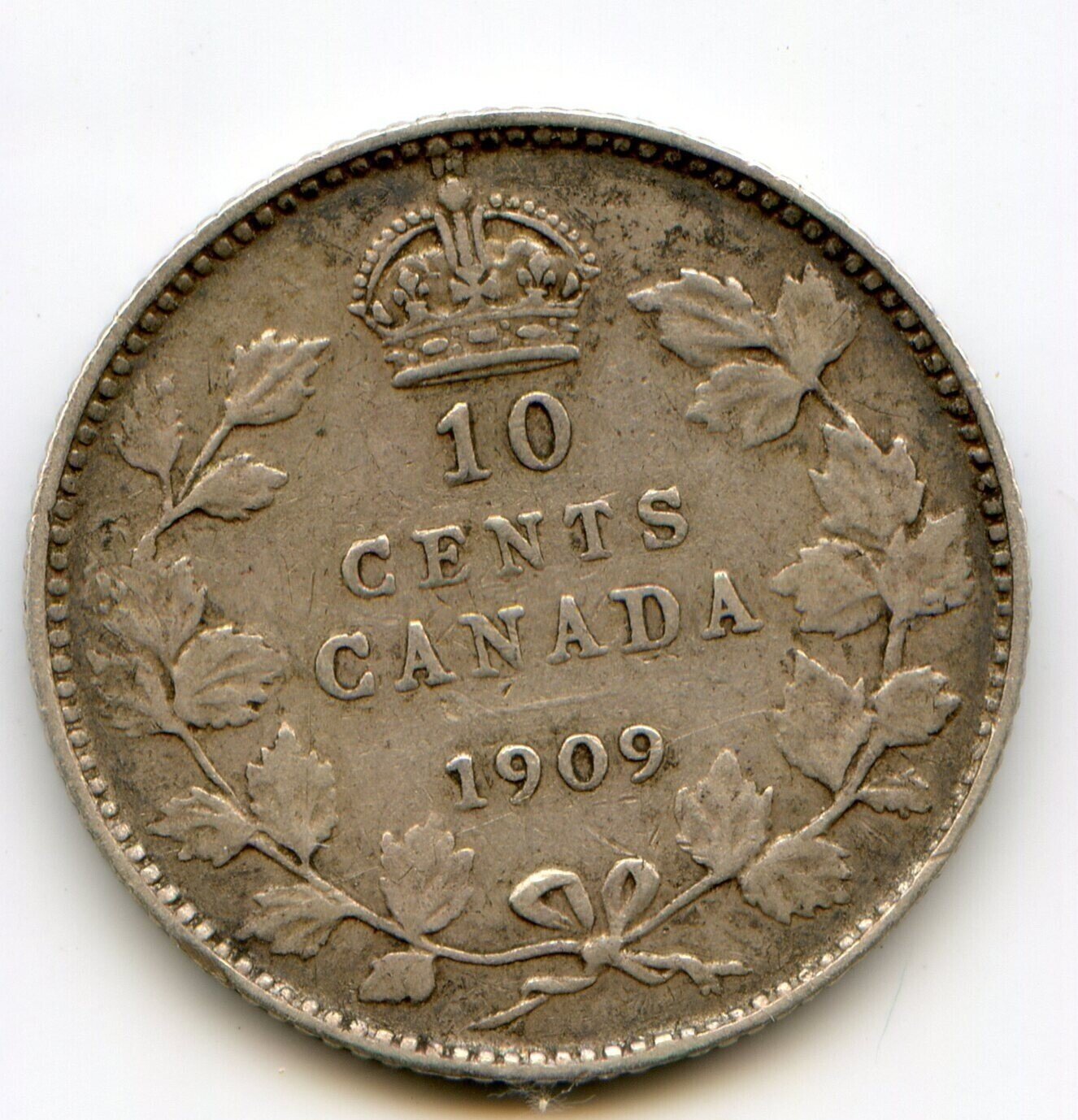 Монета. Канада. Эдуард VII. 10 центов. 1909. Ag 925. 2.32 g. VF Note: ↑↑ Викторианские листья. Mintage: 1,697,200