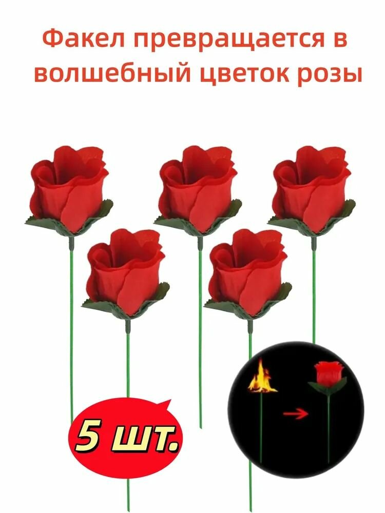 Факел превращается в волшебный цветок розы. Цвет: Красная роза, 5 шт.
