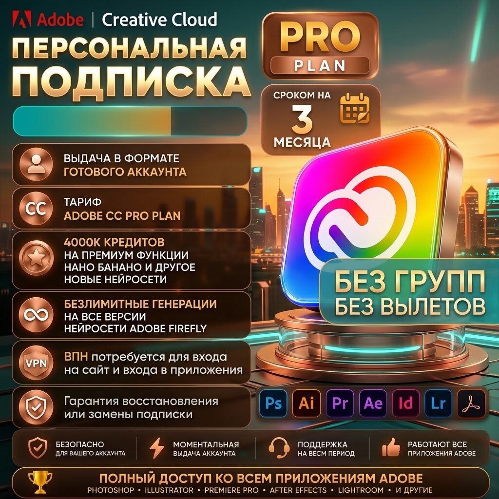 ADOBE CREATIVE CLOUD | Все приложения на 90 дней | Новый аккаунт | 4к кредитов | ИИ Nano Banana, FLUX, GPT Image, Imagen