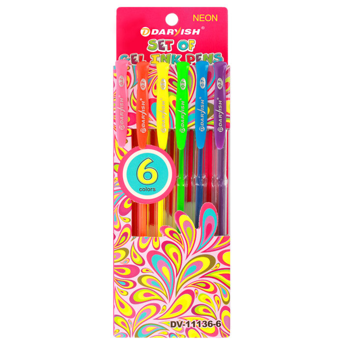 Набор ручек цветных гелевых, 6 цветов неон, корпус прозрачный, Darvish