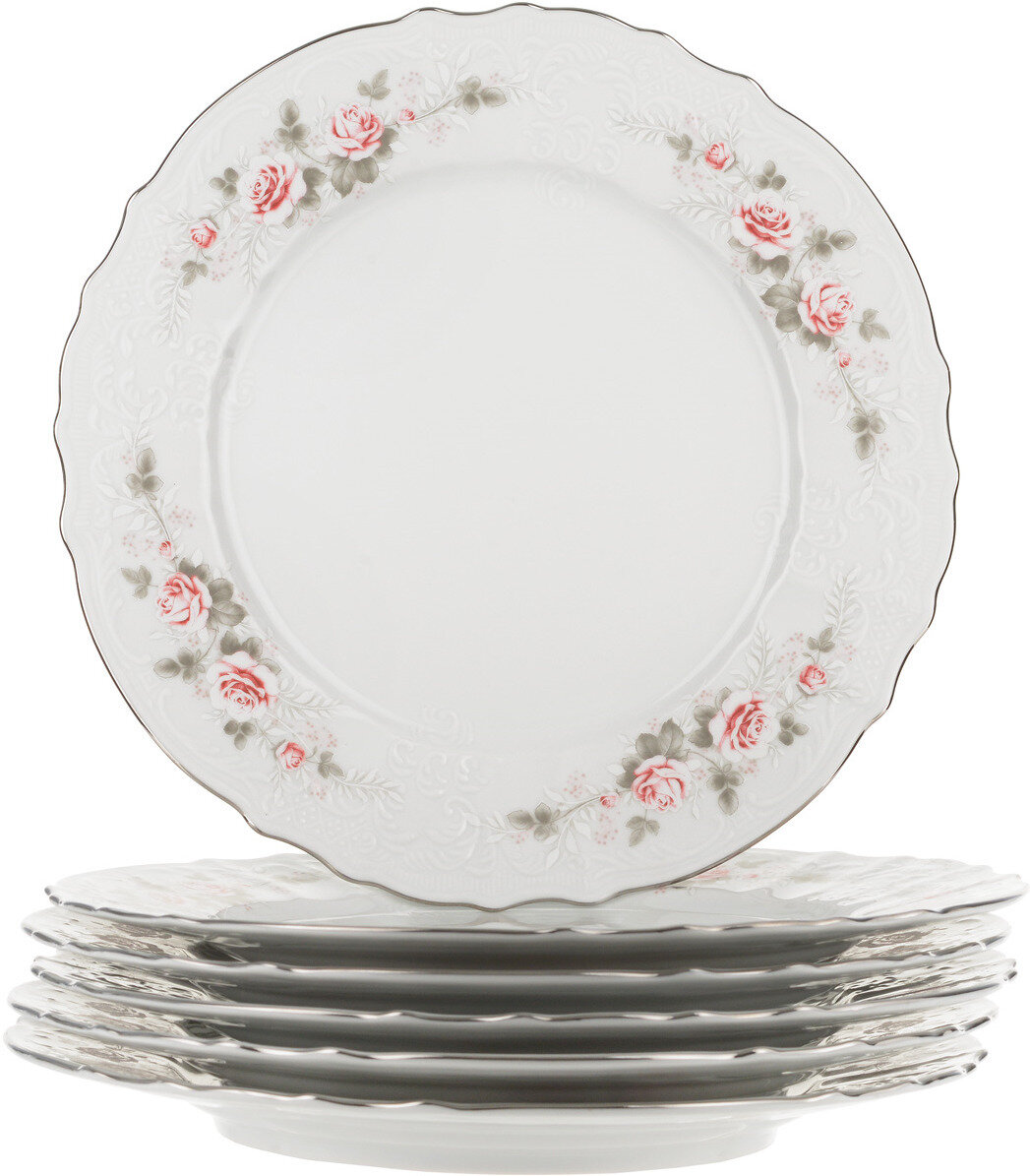 Тарелка мелкая 27 см; "Bernadotte", декор "Бледные розы, отводка платина", 6 шт, Thun/ БТФ0312