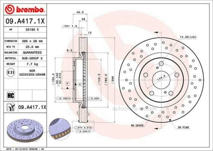 BREMBO 09A4171X 09A4171X BREMBO Диск тормозной перфорированный TOYOTA CAMRY (V40) 06-11/RAV 4 05- перед. D 296мм.