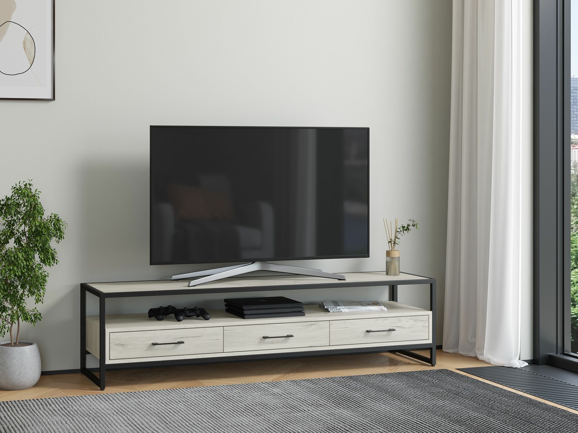 Тумба под ТВ Urban Лофт 01 с ящиками Черный/дуб крафт белый