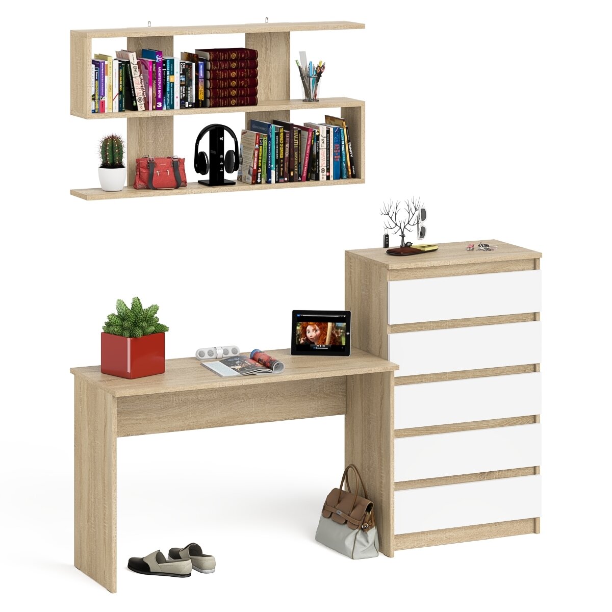 Стол письменный Мори МСП1200.1 + Комод МК700.5 + Полка 1200, цвет дуб сонома/белый