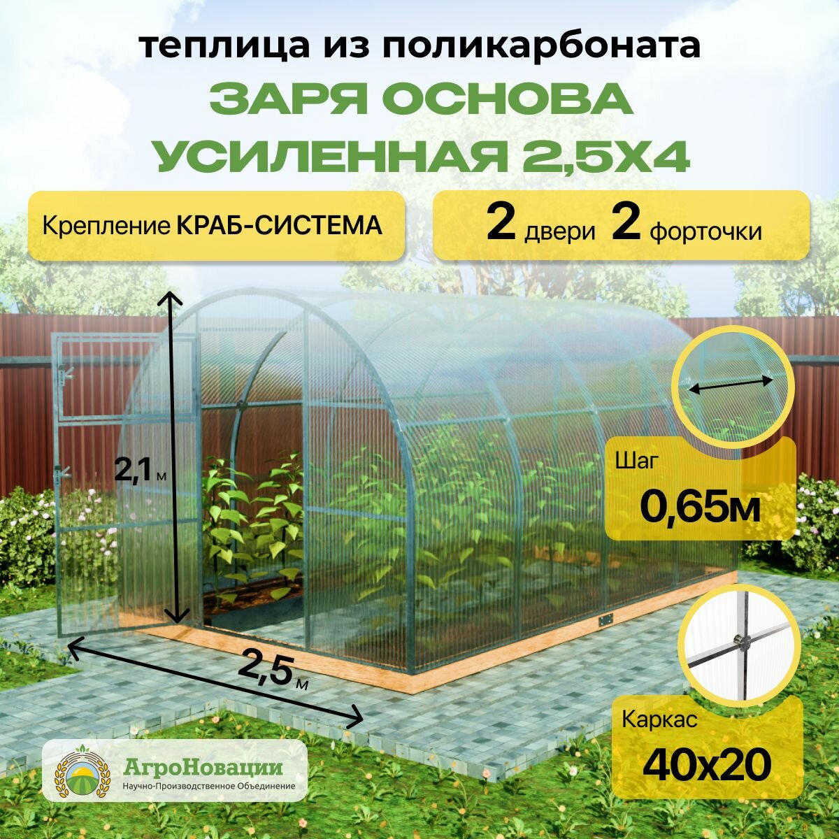 Теплица арочная "Основа Усиленная" 2.5х4, шаг между дугами 65см, с поликарбонатом 4 мм. Оцинкованная профильная труба 40х20, краб - система крепежа.